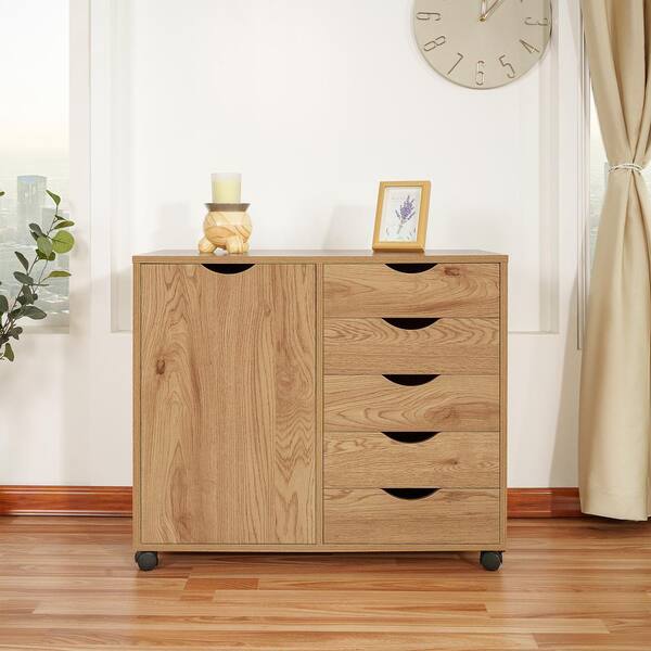 HOMESTOCK Natural, 5-Drawer Wood Dresser Storage Cabinet with Shelves ...