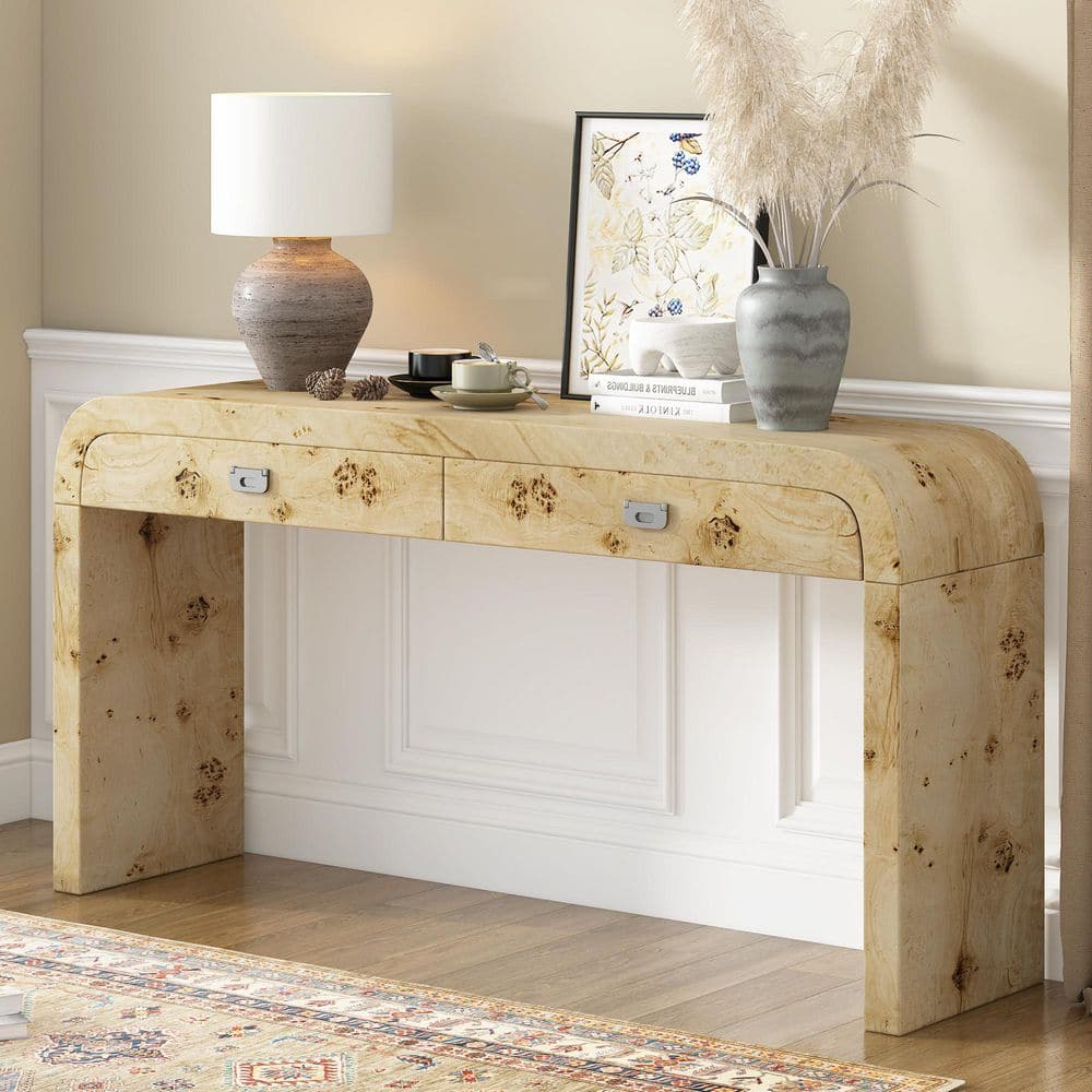 Harper & Bright Designs 60 in. Natural Curved (Specialty) MDF and Burl ...