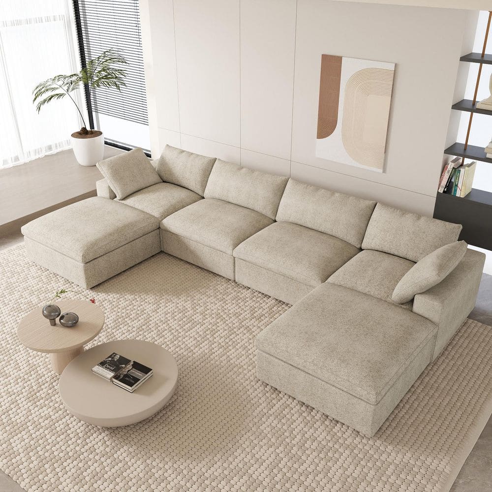 J&E Home 160.6 in. W Square Arm Linen U-Shaped 6-Pieces Modular Free ...