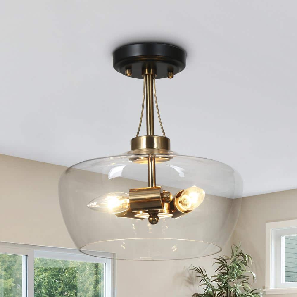 Zevni Modern 12 in. 3-Light Black Semi-Flush Mount Light, Brass Pendant ...