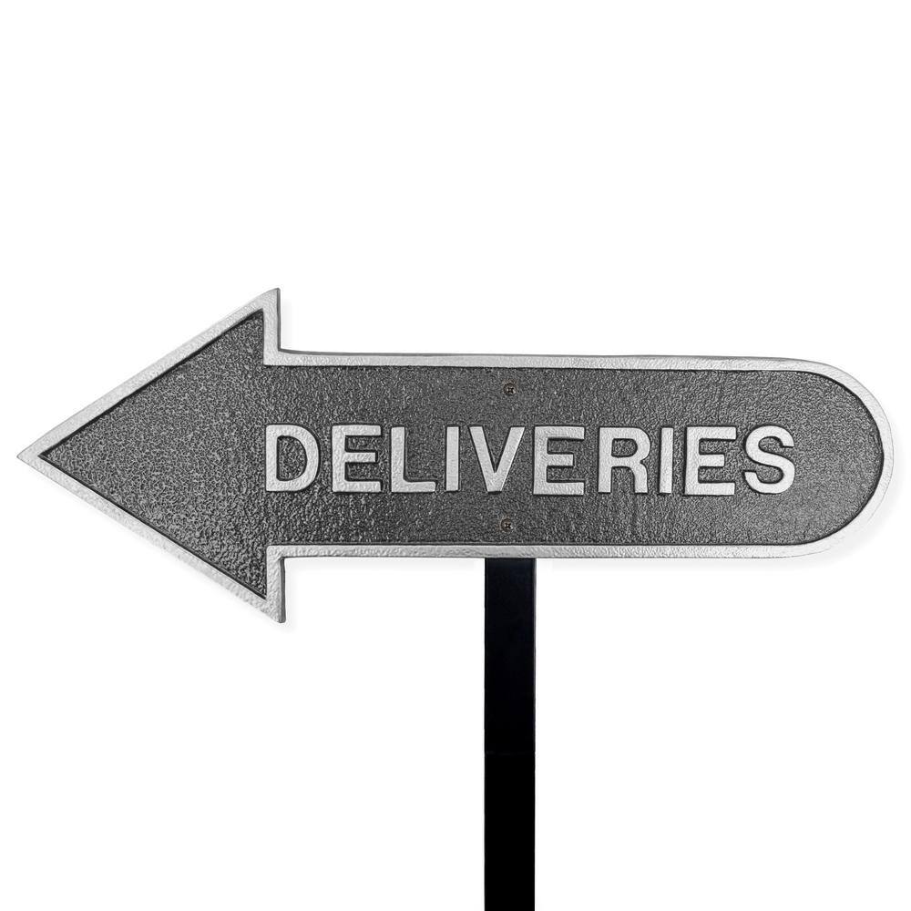 Montague Metal Products 6 in. x 15.5 in. Left Arrow Deliveries Statement Plaque Sign with Lawn ...