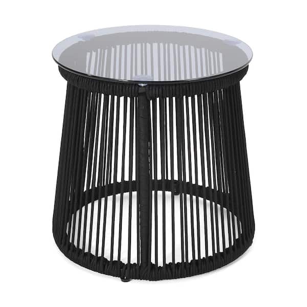 Black Woven Rope Side Table-Modern Outdoor Side Table with Tempered ...