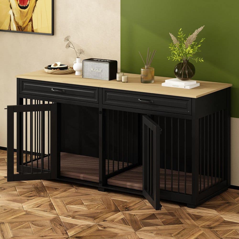 FUFU&GAGA Wooden Indoor Dog Kennel Furniture, Large Dog Crate Cage with 2 Drawers and Divider ...