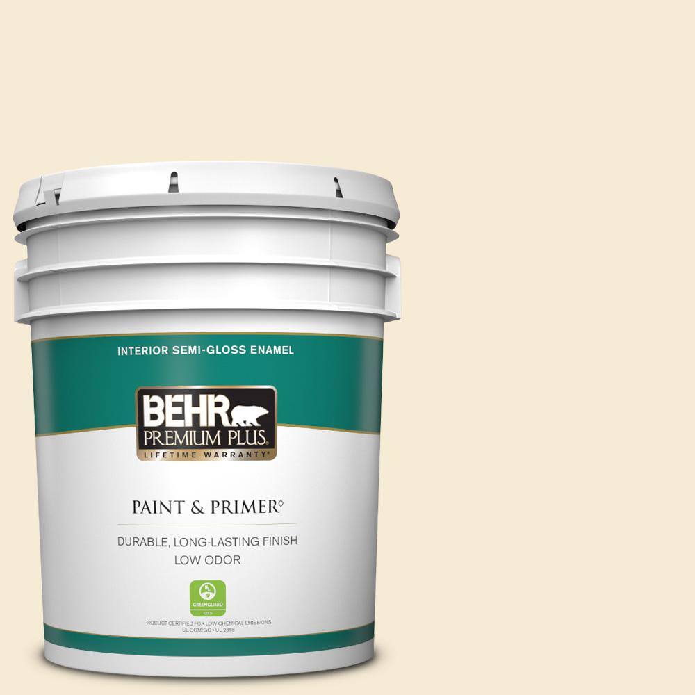 BEHR PREMIUM PLUS 5 gal. #ICC-10 Vanilla Cream Semi-Gloss Enamel Low ...