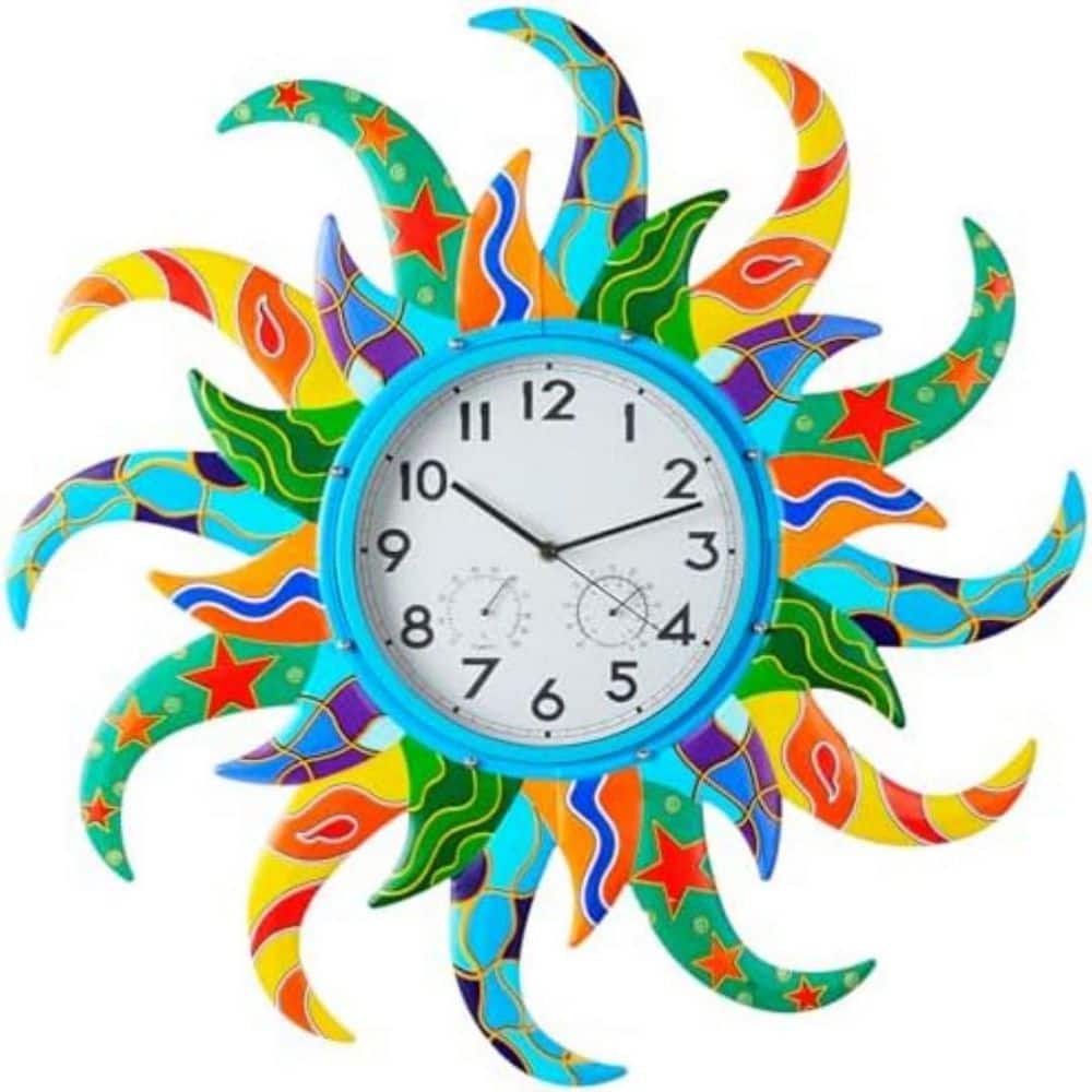 Phewnyzo 25in Blue Sun Outdoor Clock with Thermometer and Humidity ...