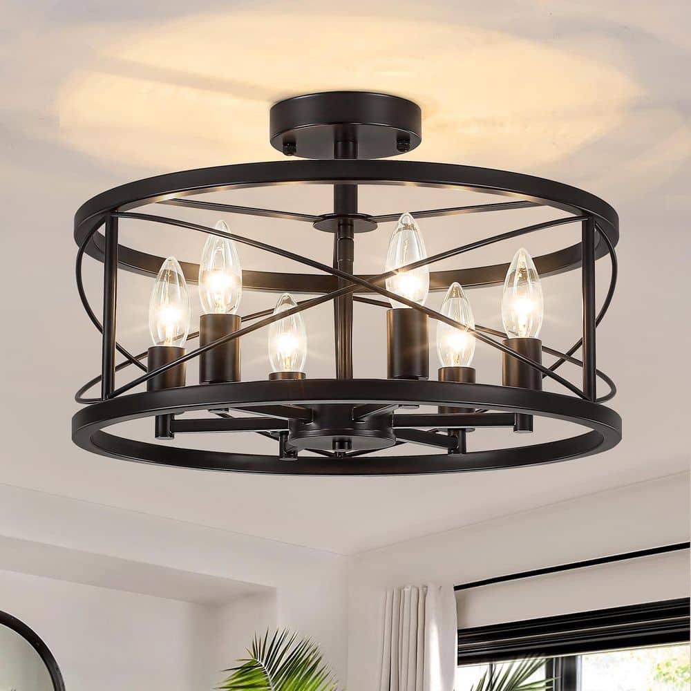 ZSMIHDOH 16.53 in. 6-Light Black Drum Semi Flush Mount Ceiling Light ...
