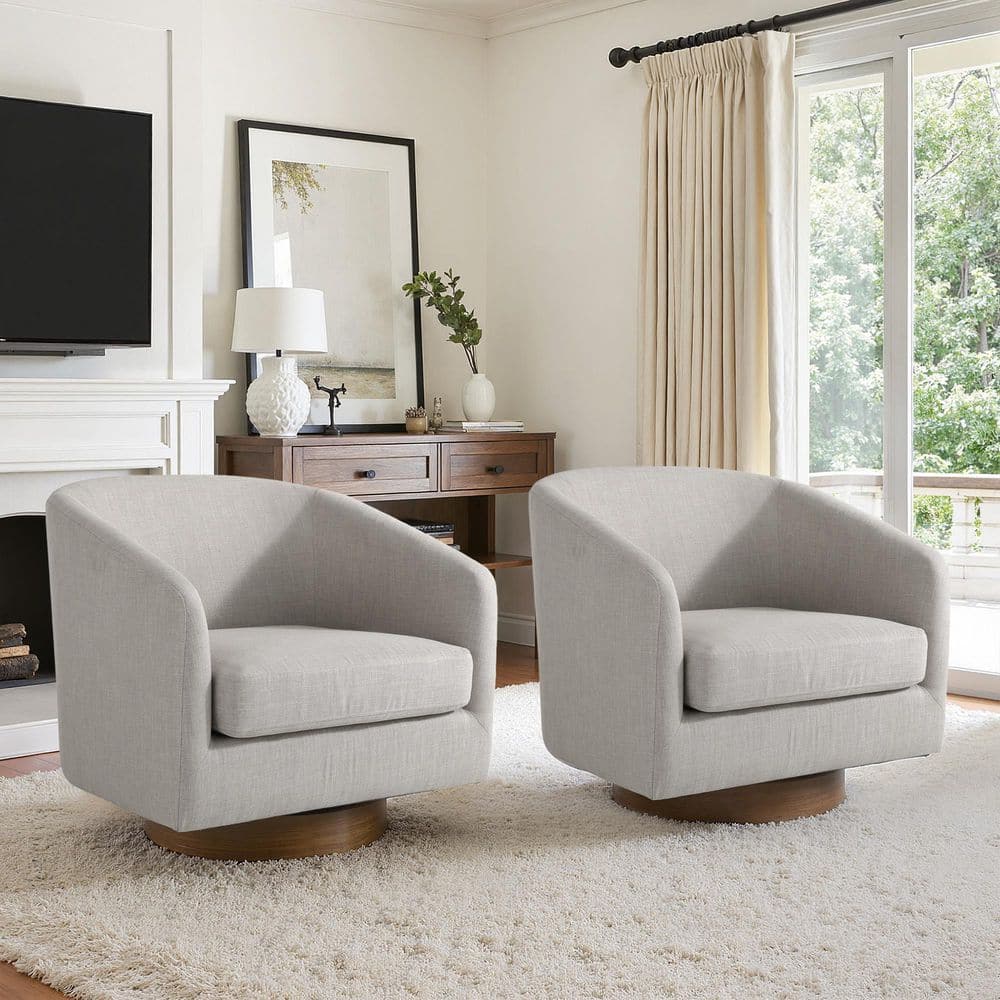 Uixe Khaki Cotton Line Upholstered 360° Swivel Arm Chair With Wood Base ...