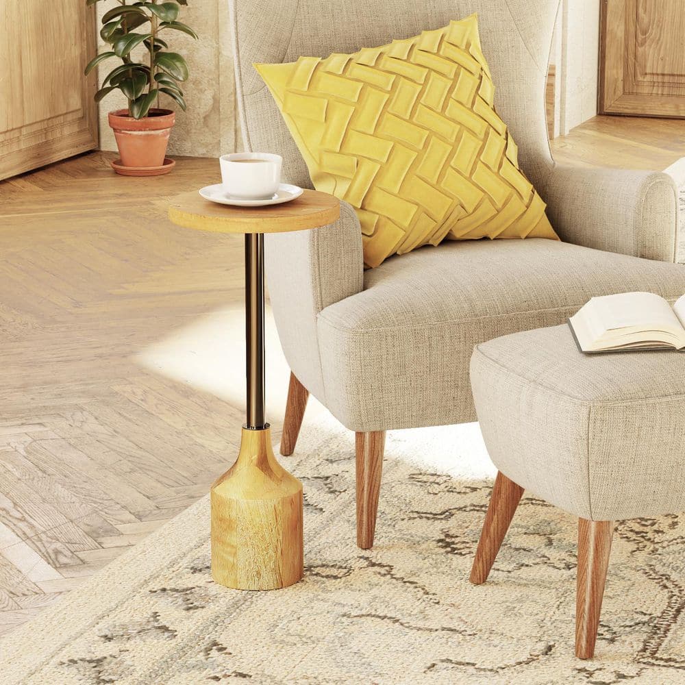 FUIN Farmhouse 10.5 in. Natural Round MDF End Table with Base PH03067 ...