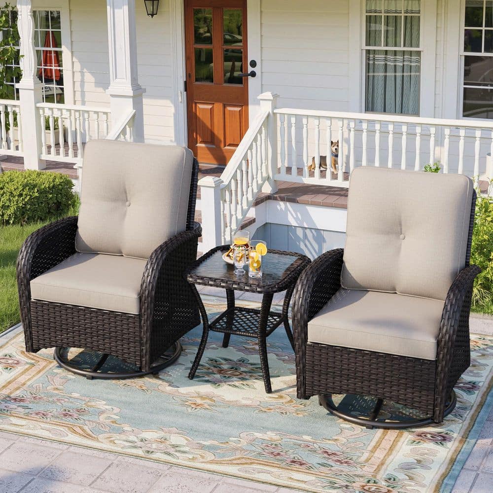 JOYSIDE 3-Pieces Dark Brown Wicker Outdoor Rocking Chairs Patio Swivel ...