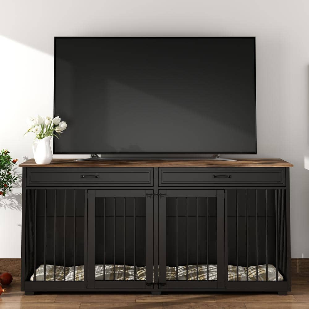 FUFU&GAGA Large Wooden Dog House with Drawers and Divider, Furniture Style Dog Crate, Black Dog ...