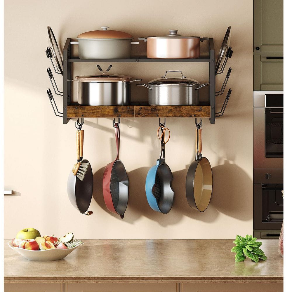 Numhew 2-Tier Rustic Brown and Black Wall Mounted Pot Rack with 12 ...