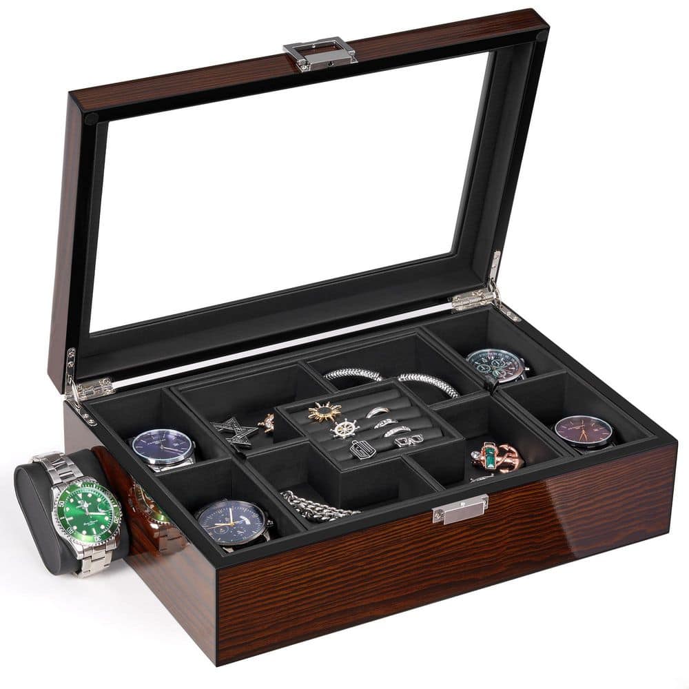 Wooden Watch Box with Glass Top for Men, Faux Leather Interior, Brown ...