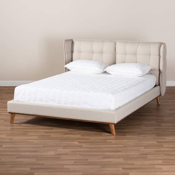 Baxton Studio Gretchen Light Beige Walnut Brown Queen Platform Wingback Bed