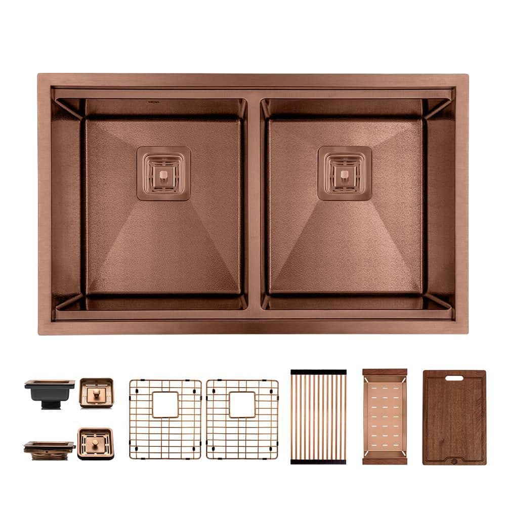 S STRICTLY KITCHEN + BATH 32 in. Undermount Double Bowl 16-Gauge Copper ...