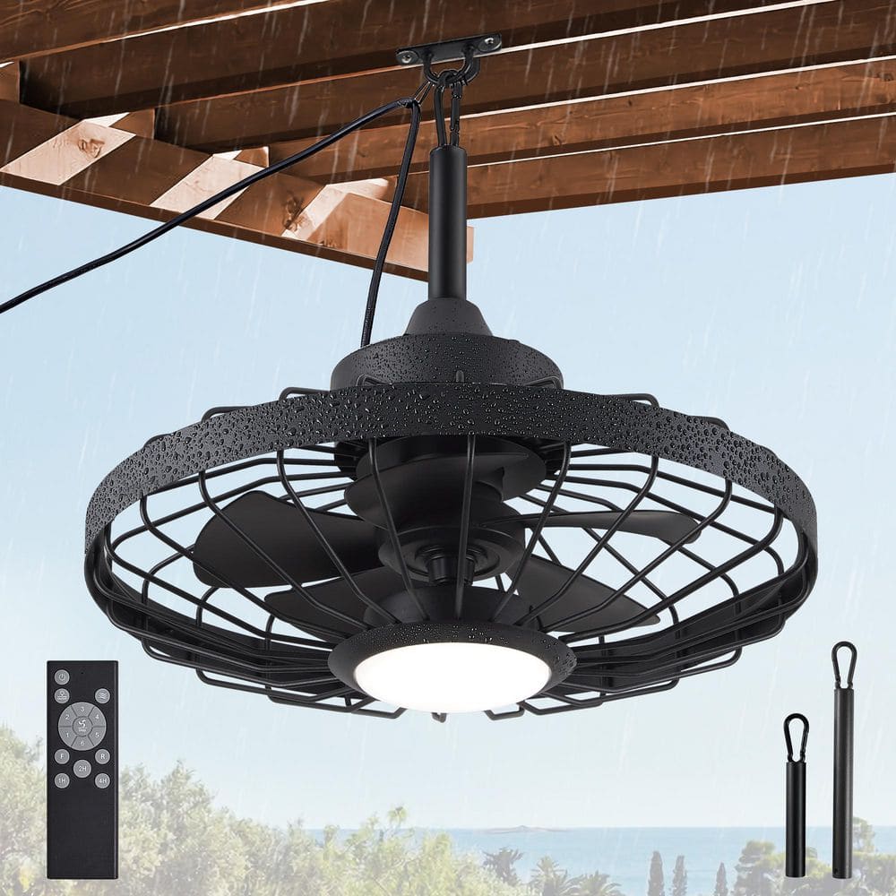 HINNIXY 20 in. Outdoor Black Waterproof Caged Ceiling Fan with Light ...