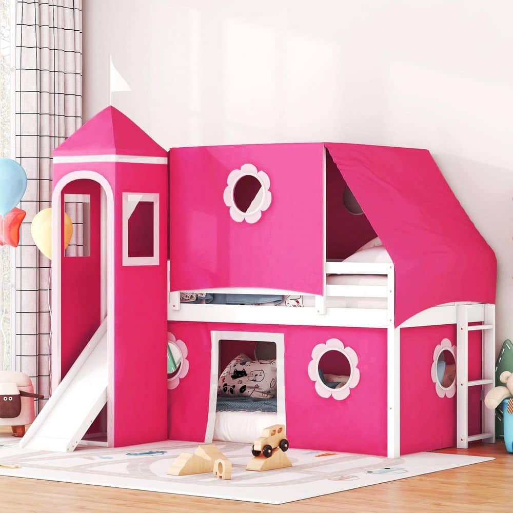 Qualler Pink Twin Size Loft Bed with Silde and Tower FSUBLK205H - The ...
