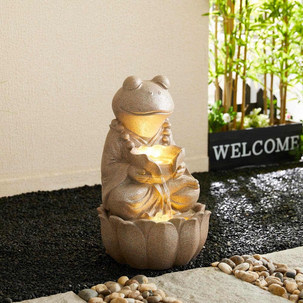 Glitzhome 21.75 in. H Outdoor 2-Tiered Zen-Style Frog Sand Beige ...