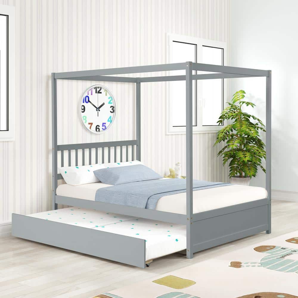 Harper & Bright Designs Gray Wood Frame Full Size Wood Canopy Bed with ...