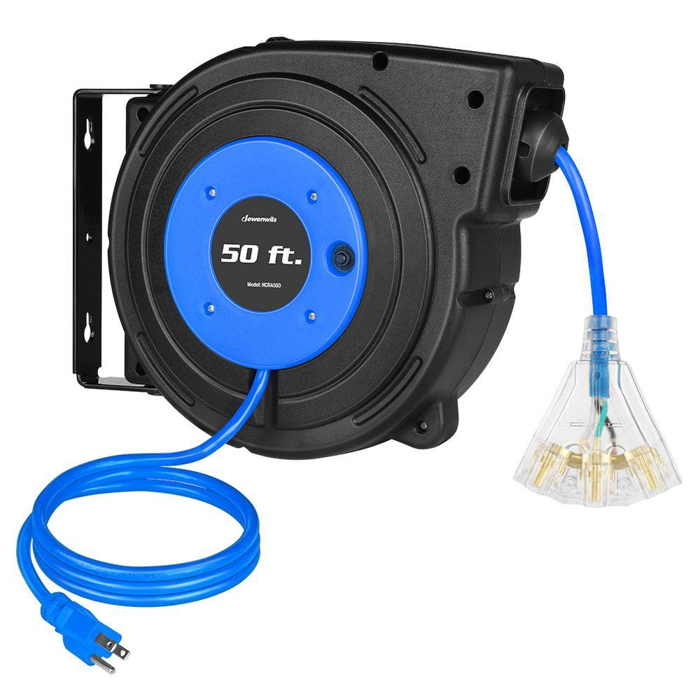 DEWENWILS 50 ft. 14/3 SJTW 13 Amp Retractable Extension Cord Reel with 3-Lighted Triple Outlets ...