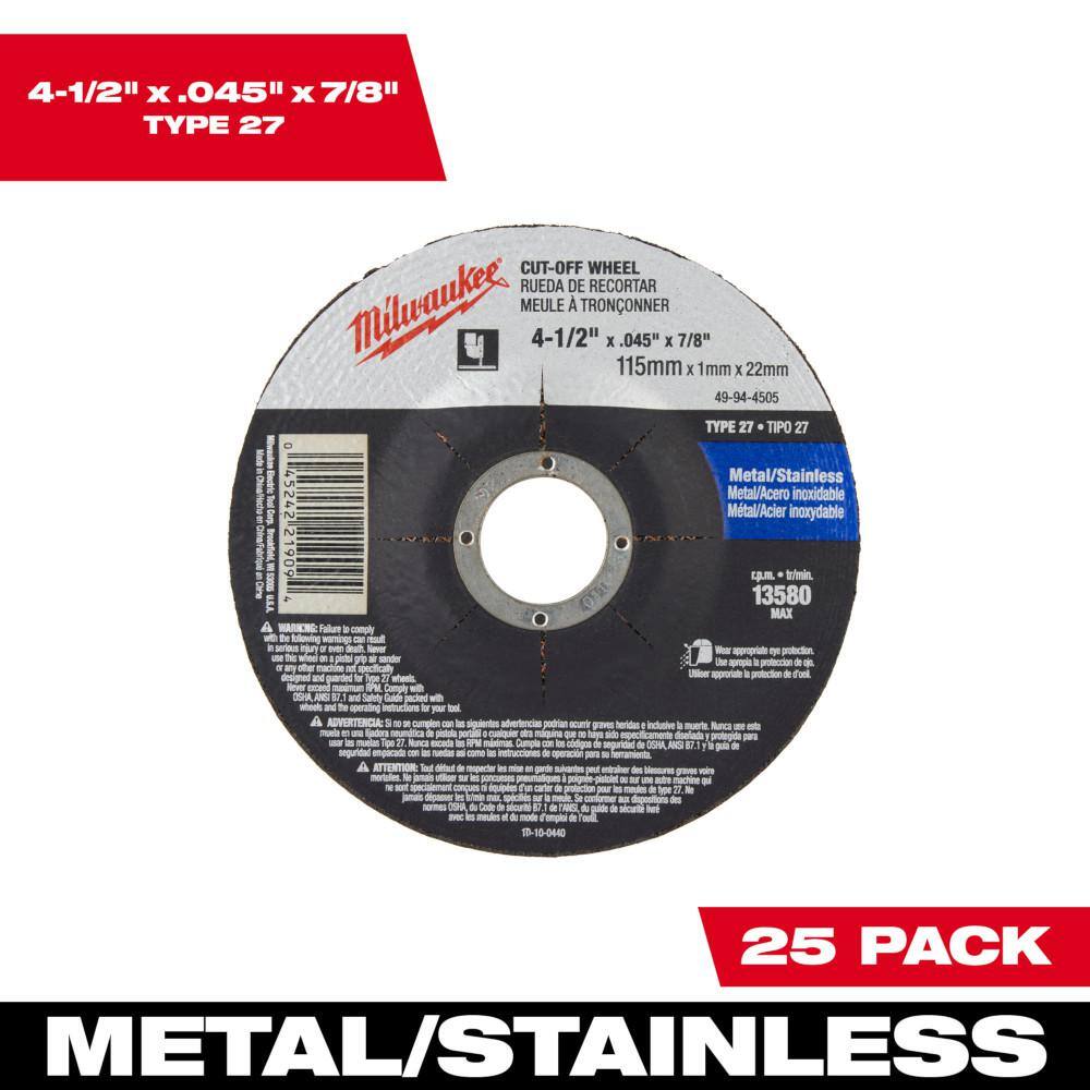 Milwaukee 4-1/2 in. x 0.045 in. x 7/8 in. Cut-Off Wheel (Type 27) 49-94 ...