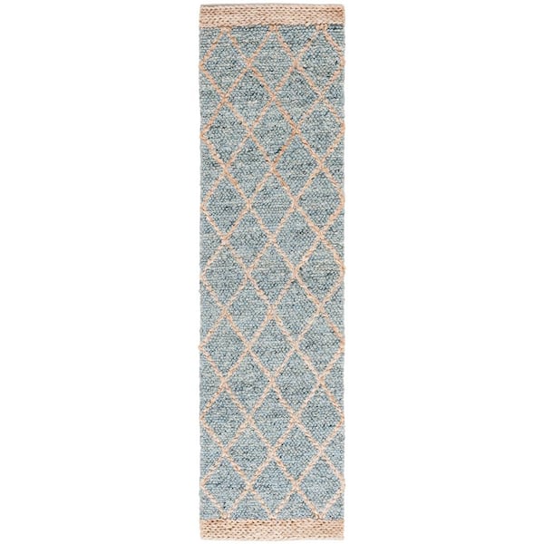 SAFAVIEH Natural Fiber 2 ft. x 9 ft. Light Blue/Natural Diamond Border ...