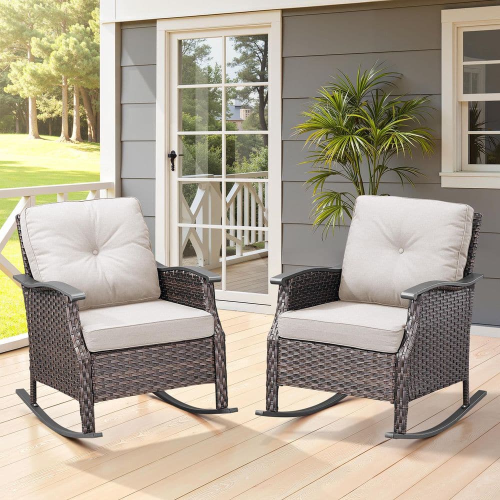 Buenaola Dark Brown Rocking Wicker Outdoor Lounge Chair with Beige ...