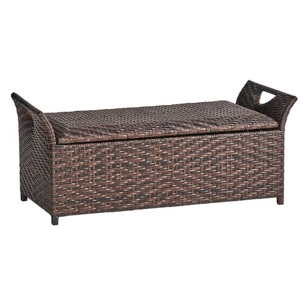 Benjara Brown Wood Outdoor Ottoman Bench with Hinged Lid Storage ...