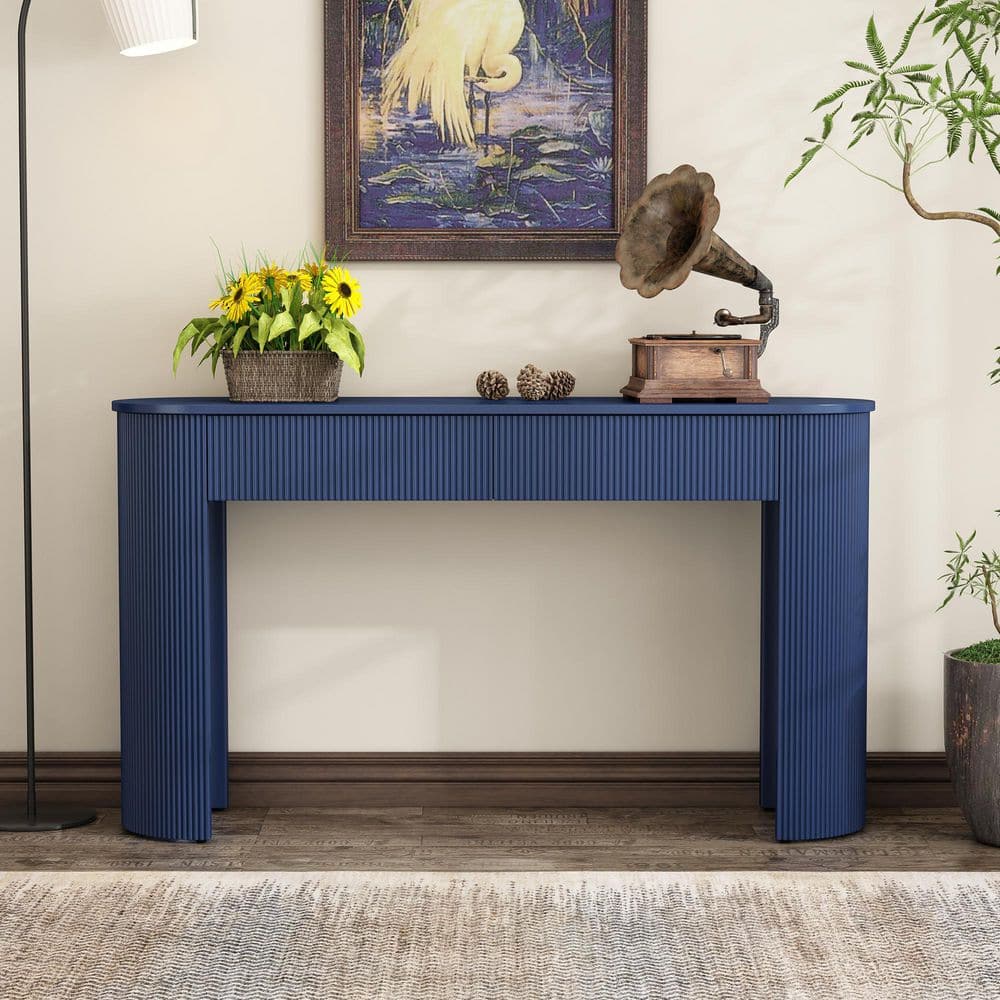 Qualler 54 in. Navy Blue Fluted Oval Wood Console Table Entryway Table ...