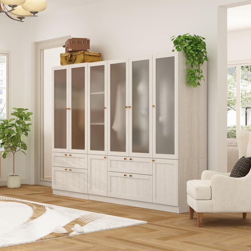 FUFU&GAGA Light Oak Wood 94.5 in. Bedroom Armoire with Frosted Glass Doors, Hanging Rod, Jewelry ...