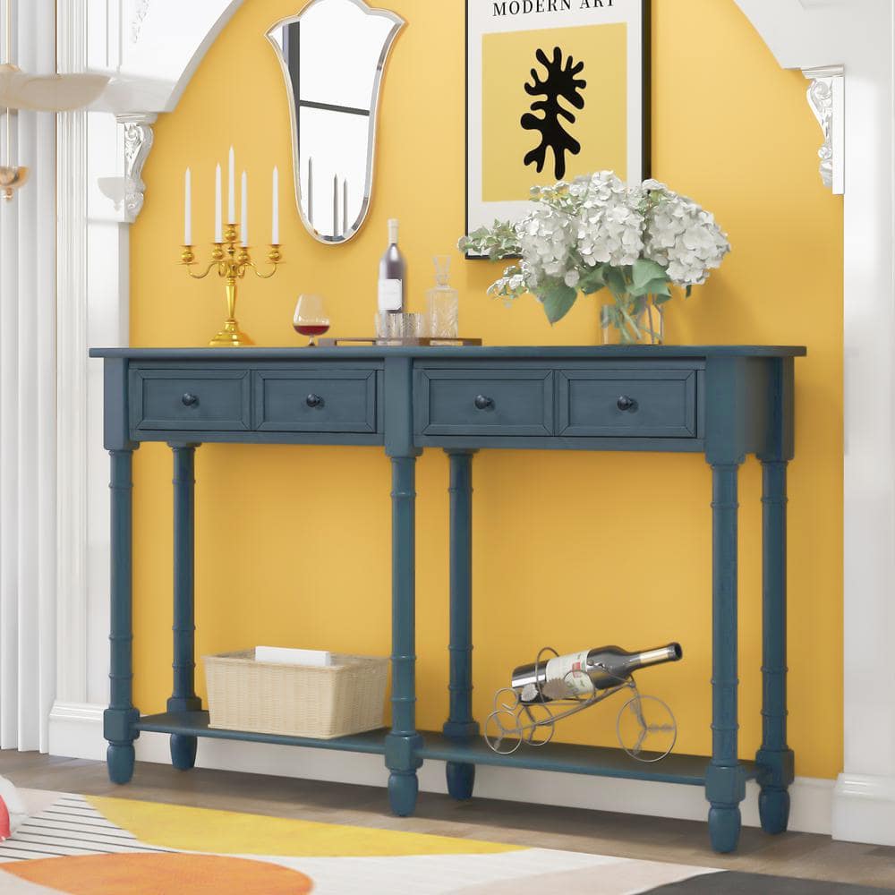 Qualler 58 in. Rectangle Antique Navy Wood Console Table with 2-Storage ...
