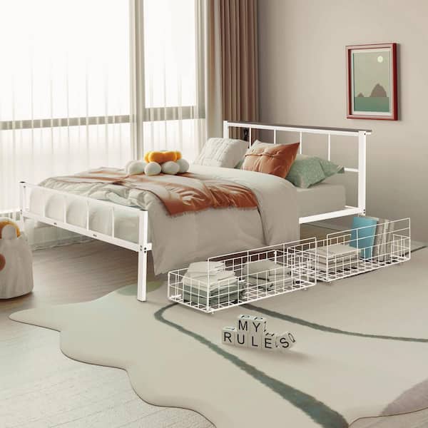 Furniture of America Lancest White Metal Frame Queen Platform Bed with Underbed Storage IDF 7901WH Q