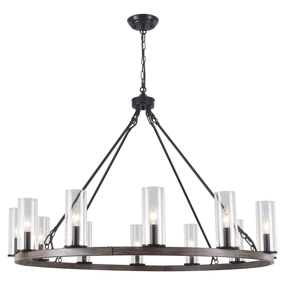 ADSENSTY 12-Light Black, Imitation Wood Grain Candle Style Wagon Wheel ...