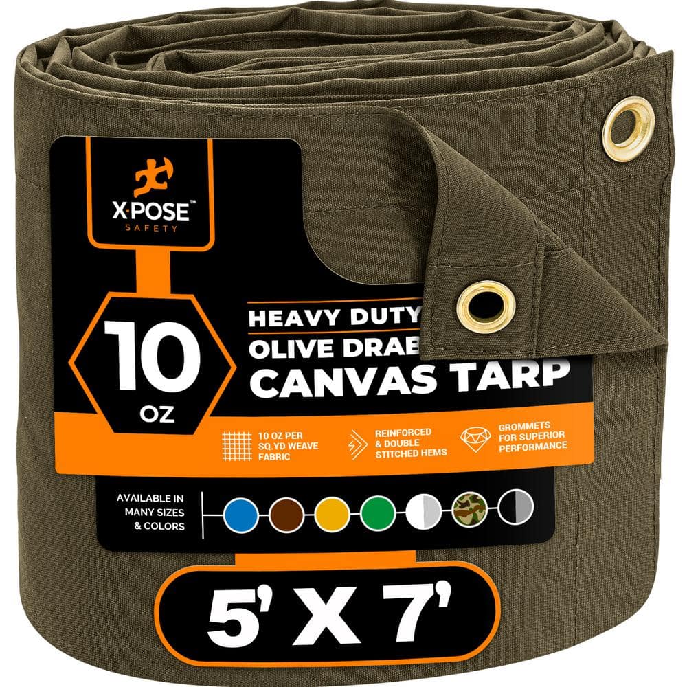 XPOSE SAFETY Canvas Heavy-Duty 5 ft. W X 7 ft. L Olive Drab 10 oz. Tarp ...