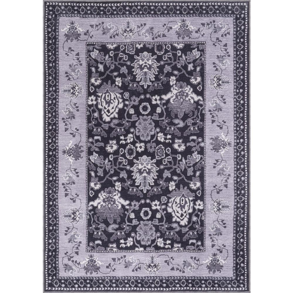 Beverly Rug Black 5 ft. x 7 ft. Stain Free Floral Washable Indoor Area ...
