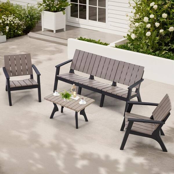 AECOJOY 4-Piece HDPE Plastic Patio Conversation Set Outdoor Furniture ...