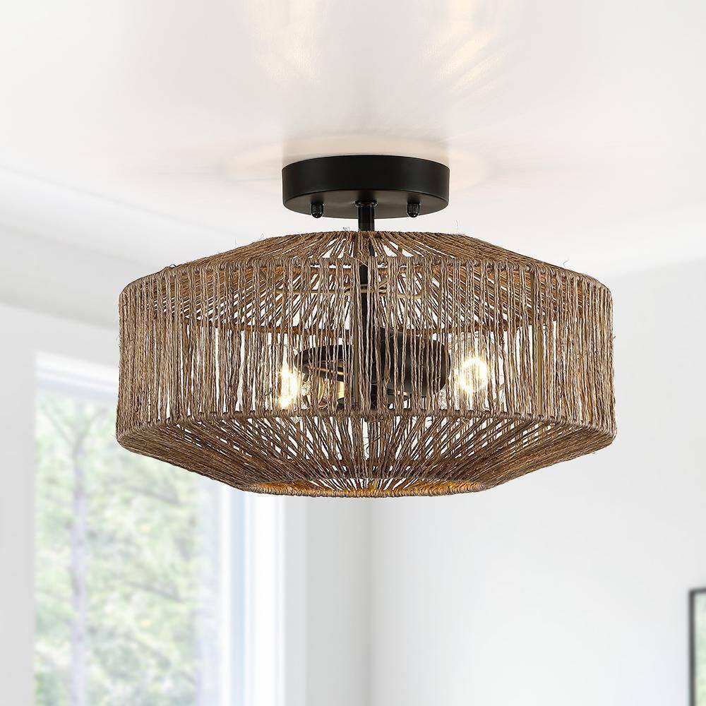 TRUE FINE Bohe 14 in. 2-Light Bohemian Jute Rope Semi-Flush Mount ...