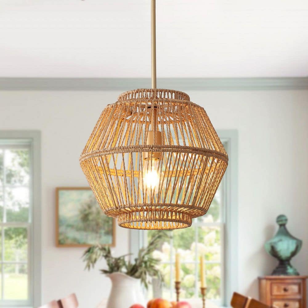 LWYTJO 1-Light 12.6 in. W Brass Globe Pendant Light with Hand-woven Natural Rattan Bohemian ...