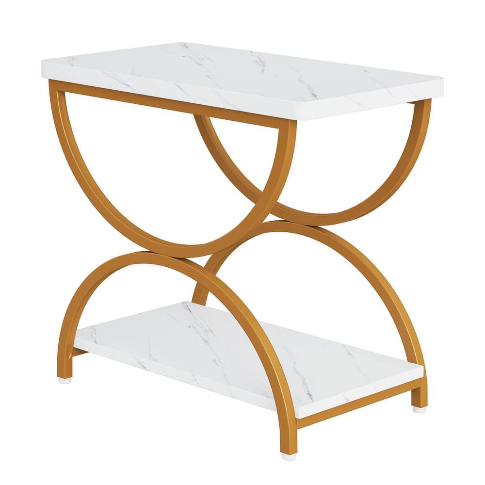 BYBLIGHT Kerlin 23.62 in. White & Gold Rectangular Wood End Table, Modern 2-Tier Side Tables ...