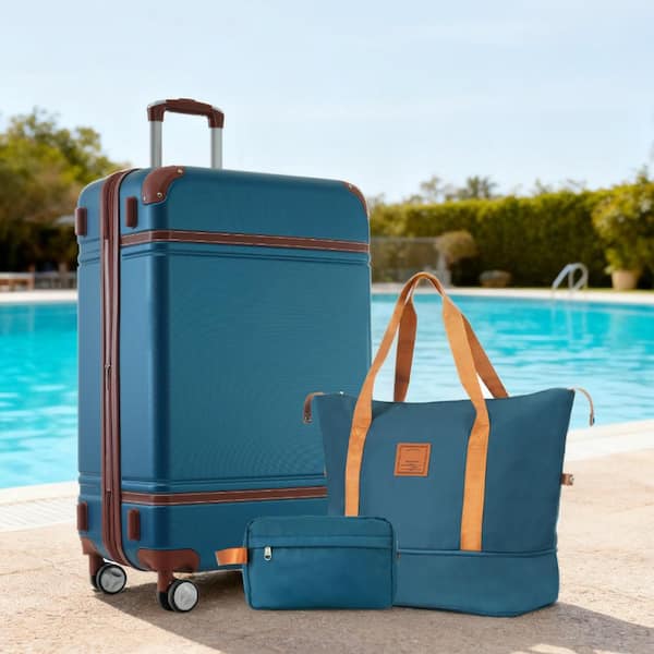 Merax 3-Piece Blue ABS Hardshell Double Spinner 28in. Luggage Set with ...