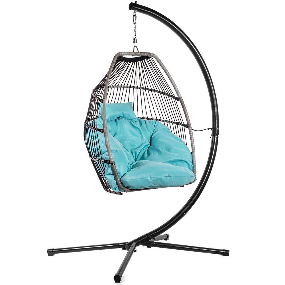 Barton Wicker Egg-Shaped Patio Swing Chair with Blue Cushion and Heavy ...