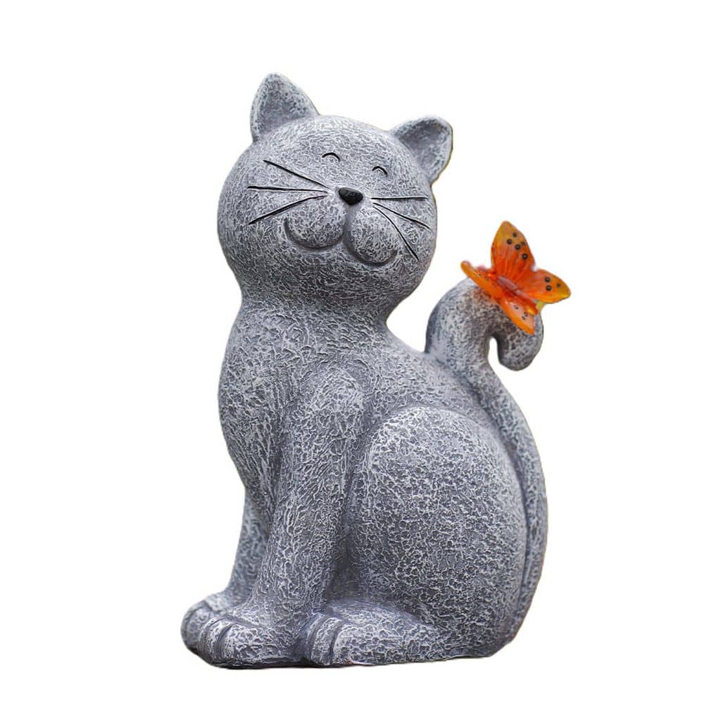 Phewnyzo 4.4 in. x 4.45 in. x 7.99 in. Cat with Butterfly Solar Statue for Garden Decoration ...