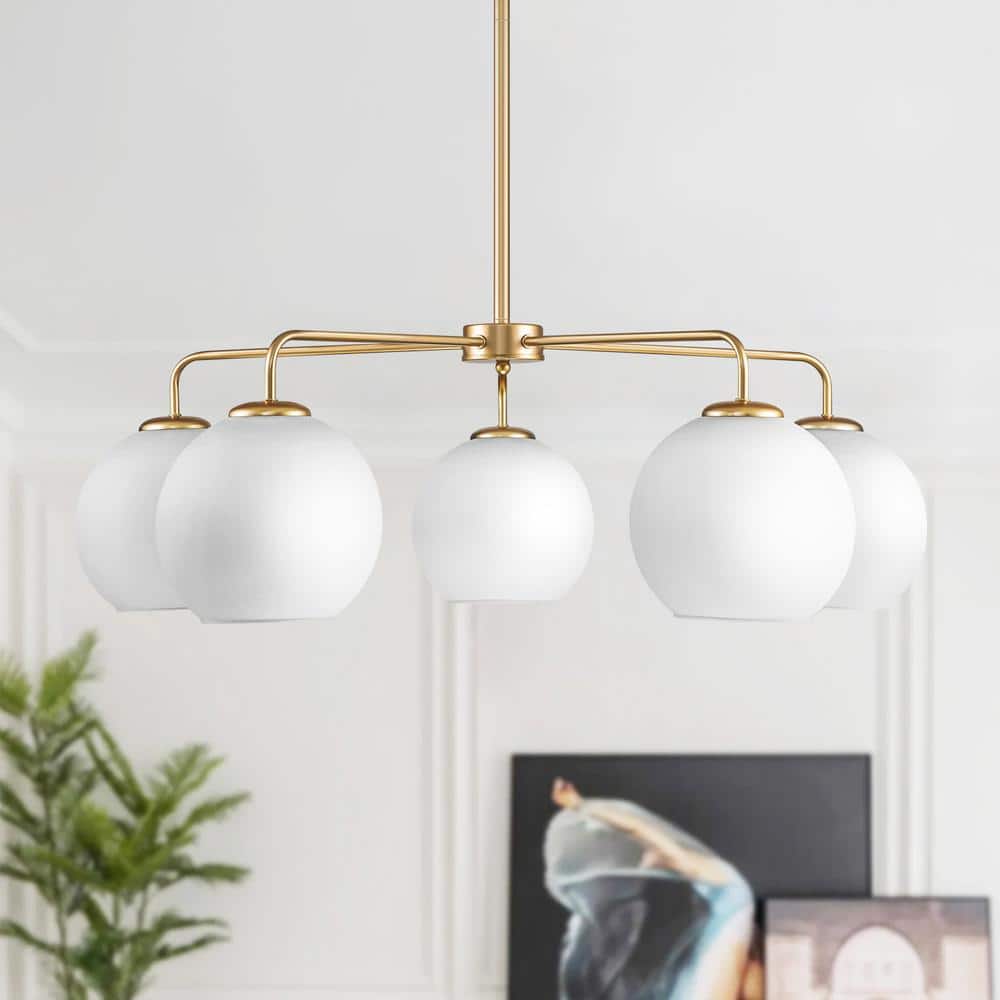 RRTYO Erik 5-Light Gold Unique Modern Linear Chandelier with Milky ...