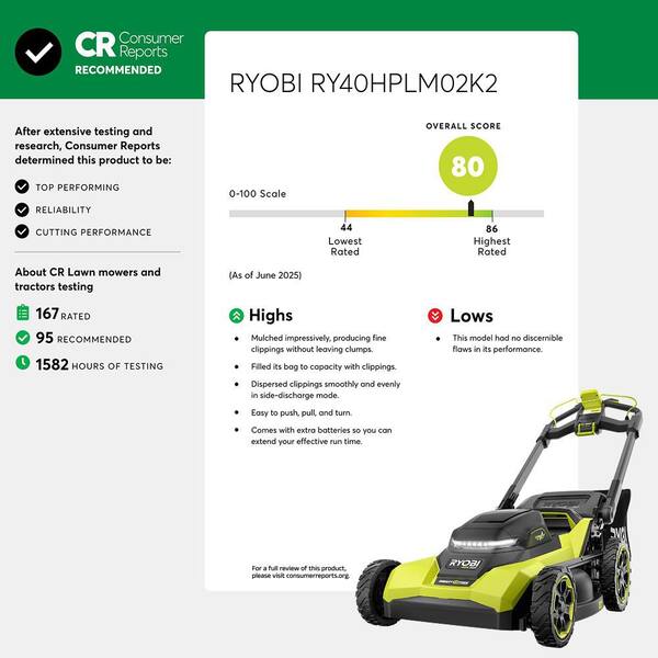 RYOBI 40V HP Brushless 21 in. Cordless Battery Walk Behind Multi-Blade Self-Propelled Mower w ...