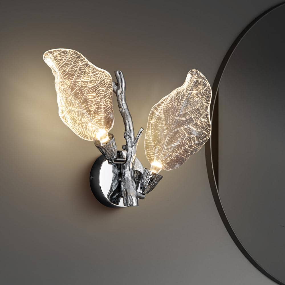 YUYI 2-Light Silver Bionic Leaf Wall Sconce, LED Vanity Lighting ...