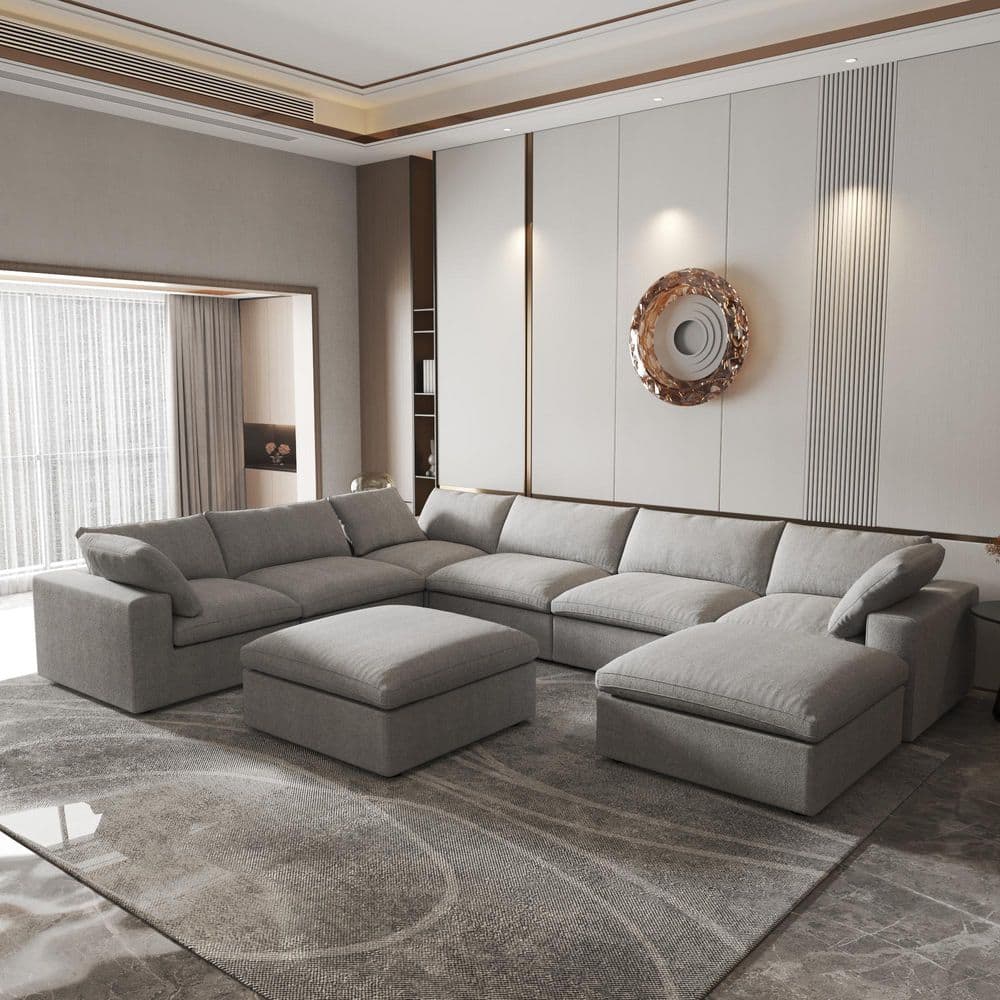 J&E Home 157.3 in. Square Arm 6-piece Linen Polyester Deep Seat Modular ...