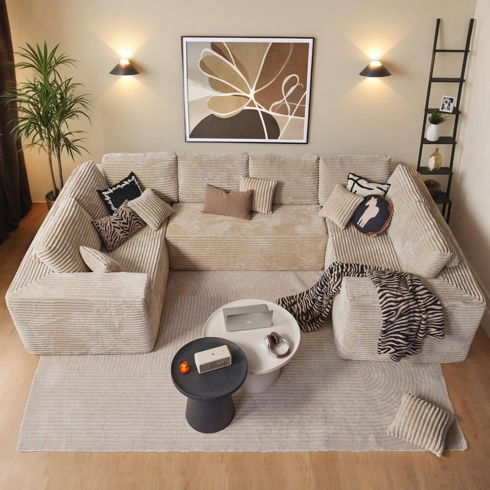 Allwex VN 135 in. Wide Arm 3-Piece Modern Plush Corduroy U-Shape Deep ...