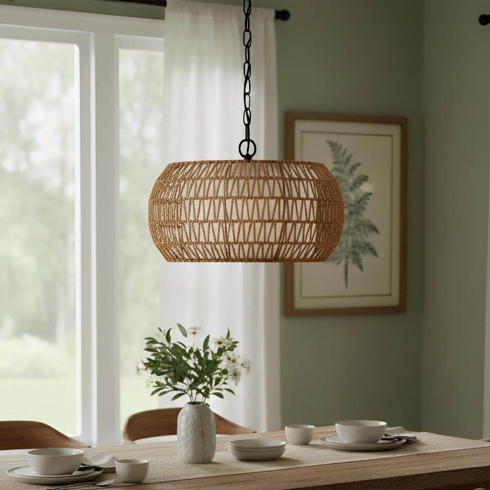 YANSUN 18 in. 5-Light Brown Farmhouse Pendant Light, Boho Woven Rope ...