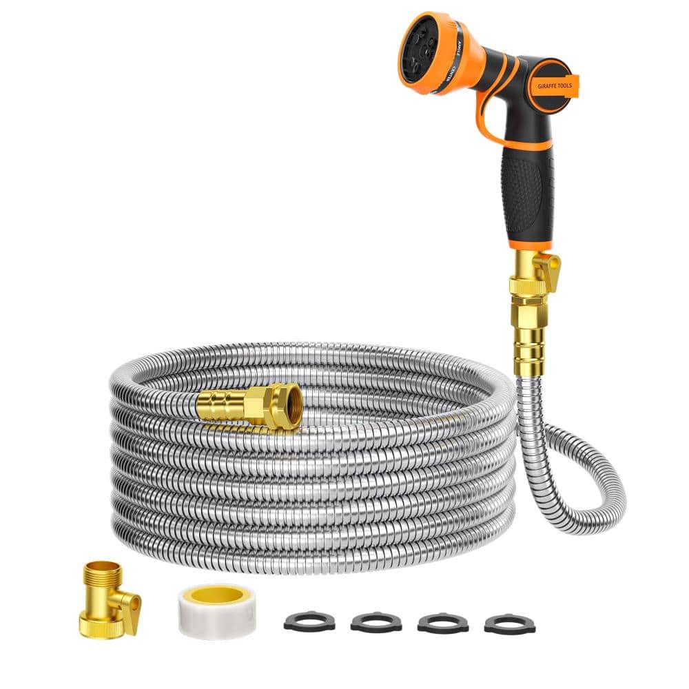 Primehome 50ft 304 Stainless Steel Kink-Free Garden Hose with 9-Pattern ...