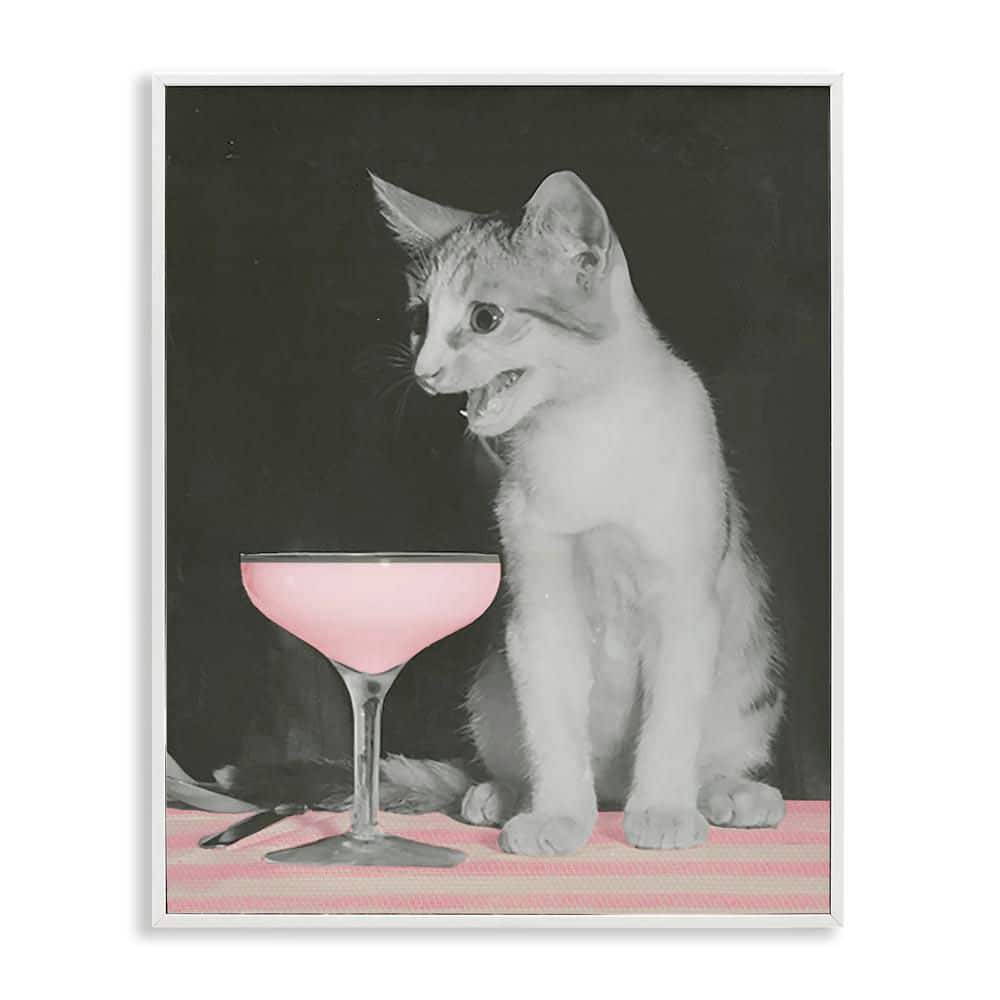 Stupell Industries Cat & Pink Drink by Daphne Polselli White Framed Food Giclee Art Print 30 in ...