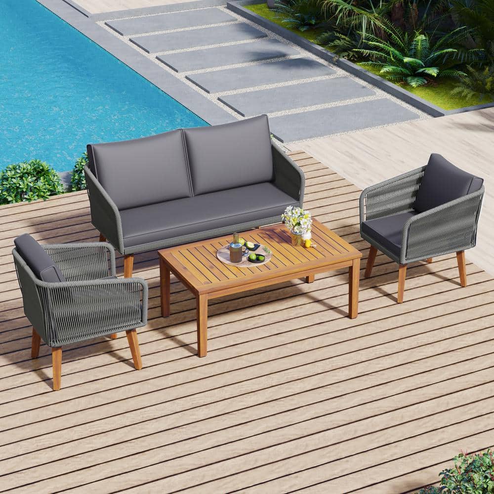 4 -Piece Wooden Sofa Set Patio Conversation Table and Chairs Outdoor ...